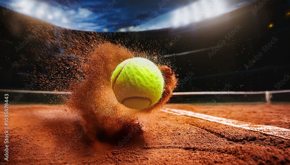 dynamic shot of a tennis ball hitting a clay court with dust particles ...