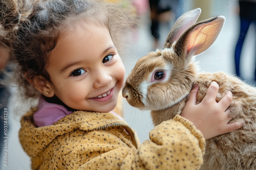 Joyful Bond: Adorable Little Girl Embracing Her Fuzzy Bunny Friend on a ...