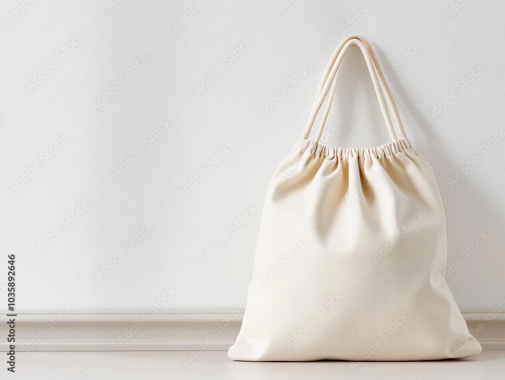 Blank drawstring bag hanging against a simple wall, neutral tones and ...