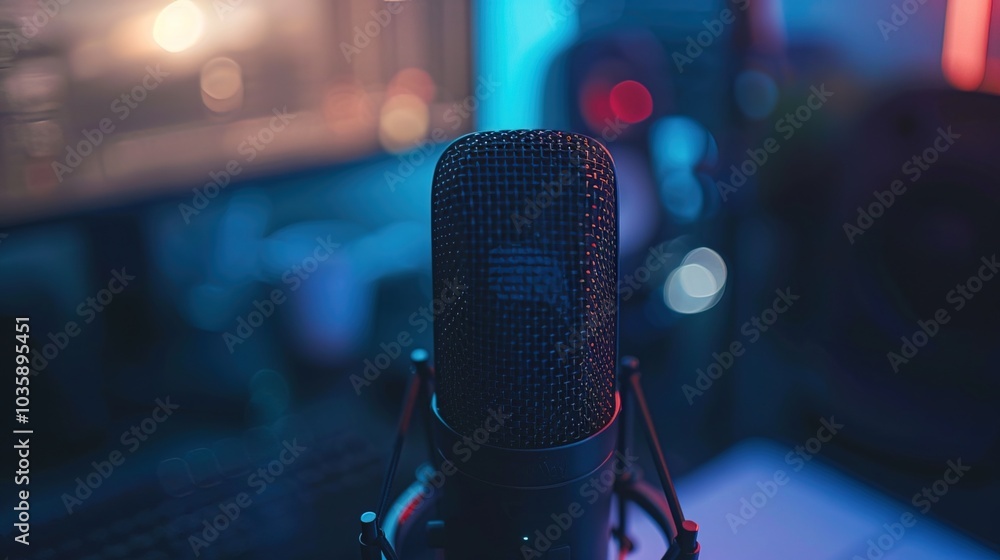Close-up of microphone on stand in soundproof recording studio ...