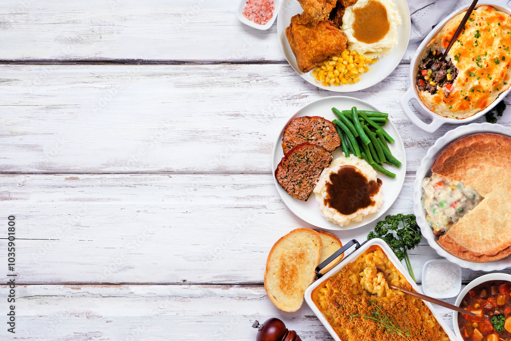 Cozy comfort food side border. Overhead view over a white wood ...