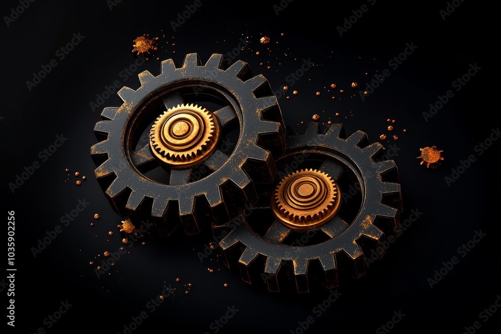 Pixelated gears turning slowly, with rust particles animated in subtle ...