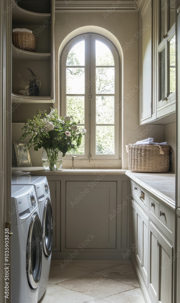 Elegant laundry room with arched window and double washer. Stock ...