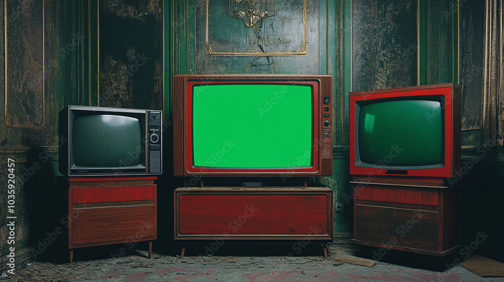 one artistic 3d minimal style red frame green screen old television ...