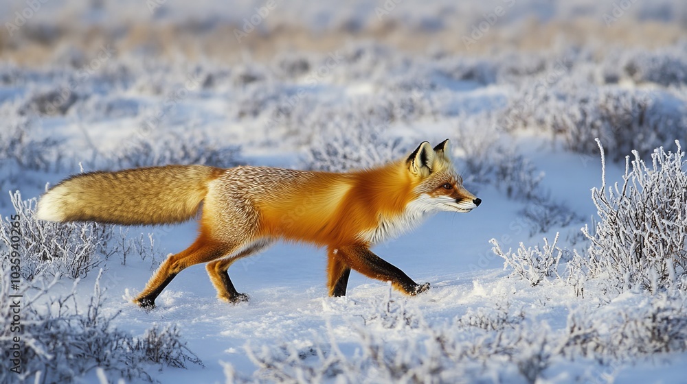 Arctic wilderness: Red Fox strides across snow-covered tundra, its ...