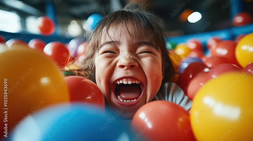 An exuberant child is submerged in a sea of bright, colorful balls ...