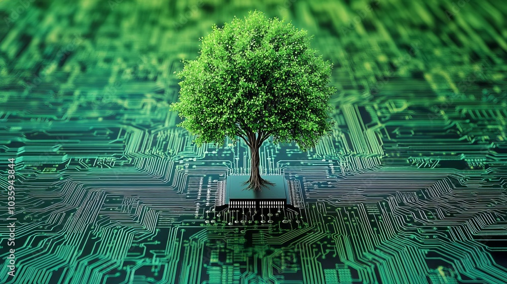 Convergence of nature and technology: A tree sprouting from a computer ...