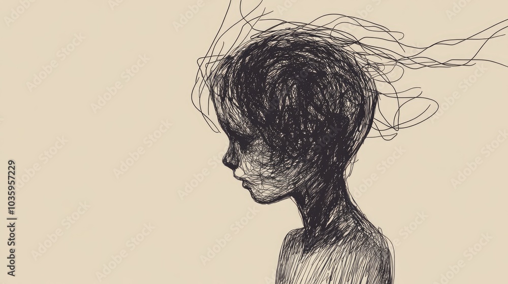 Continuous line art depicting a distressed child Highlights the ...