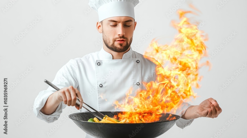 Chef in white uniform stir-frying vegetables in wok with high flames ...