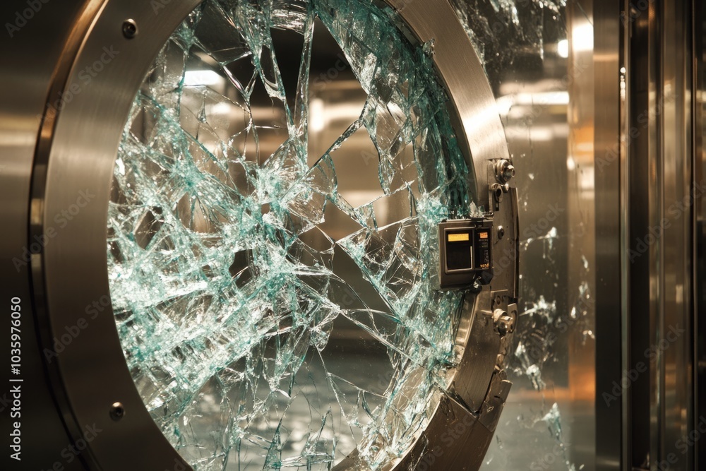 A shattered vault door reveals shattered glass. This image captures the ...