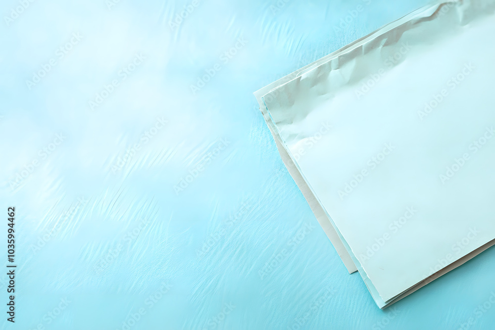 Smooth flat vintage paper bag pale texture in light blue color on table ...