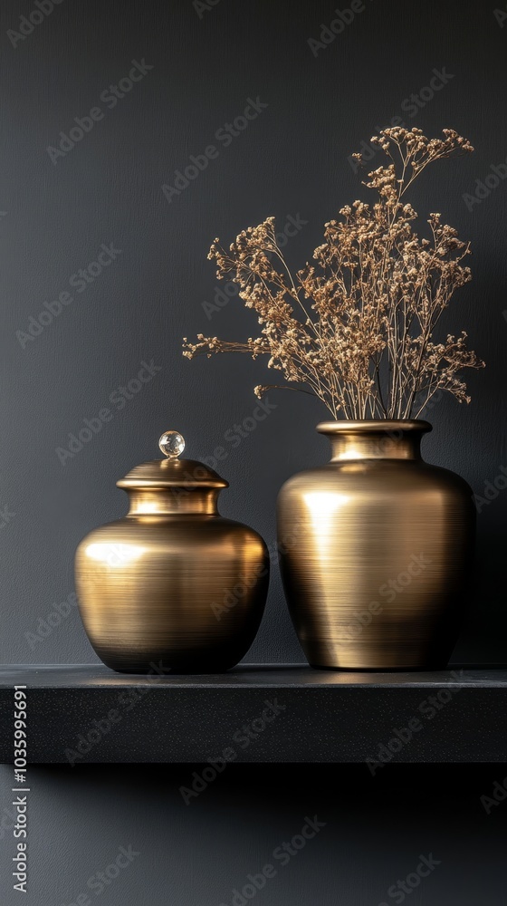 Two metallic bronze urns with lidded tops, positioned on a sleek white ...