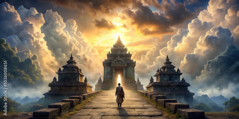Monk Walking Towards the Light in Ancient Temple, Golden Sky, Cloudy ...