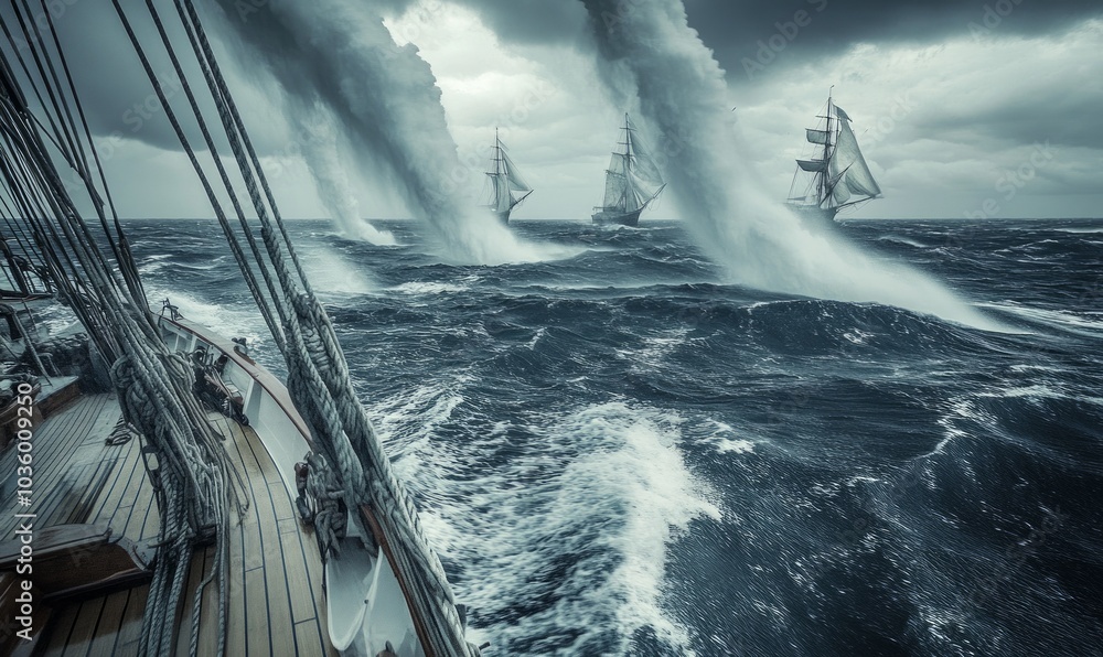 Stormy seas with multiple waterspouts observed from a ship's deck ...