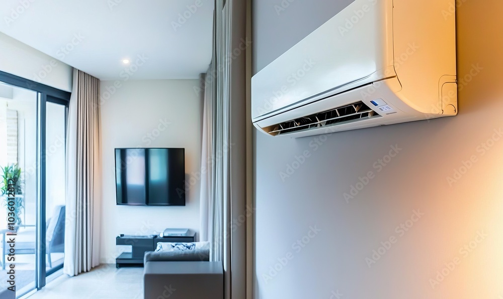 Modern ductless heat pump system installed on a wall, efficiently ...
