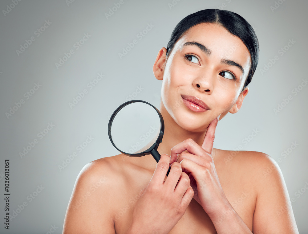 Woman, thinking and magnifying glass for skincare, acne and facial ...