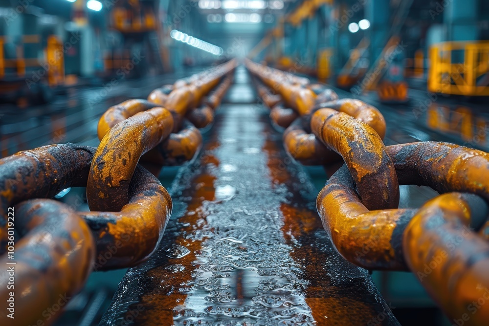 Massive industrial chains stretching across a factory, illustrating the ...