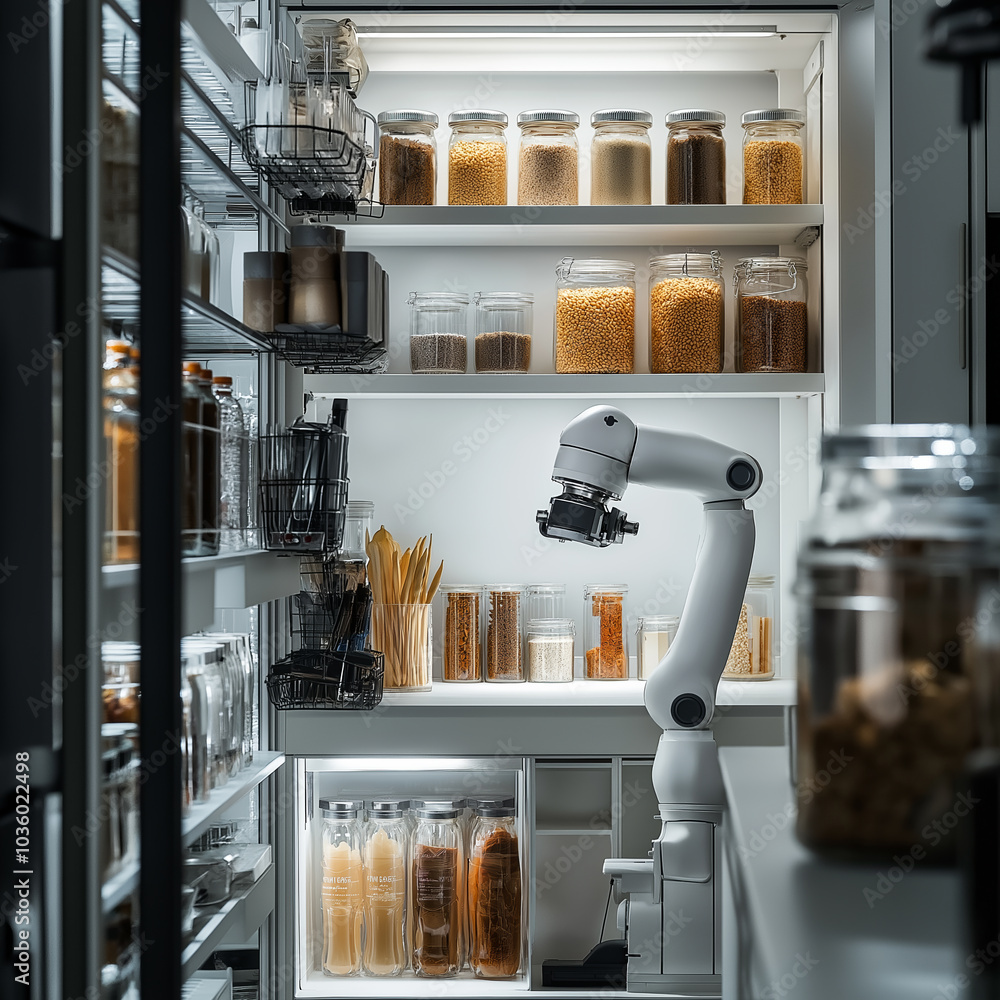 Automated robotic arm organizing jars in modern kitchen pantry Stock ...