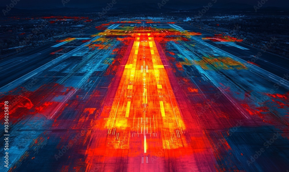 Heatmap of an airport runway, with intense reds and oranges marking the ...