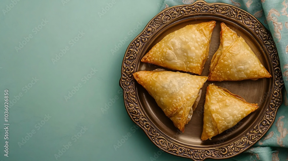 Mini samosas with puff pastry, placed on a bronze tray with decorative ...