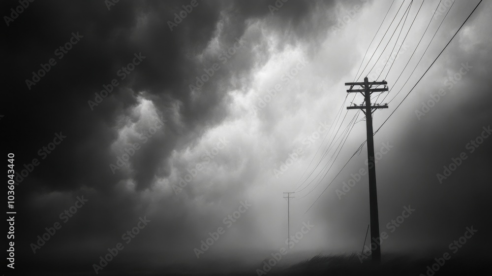 Power lines swaying dangerously in high winds as a storm rages overhead ...