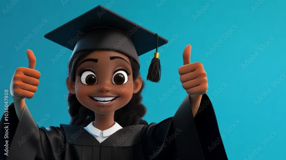 Animated young black woman in a graduation gown joyfully gives two ...