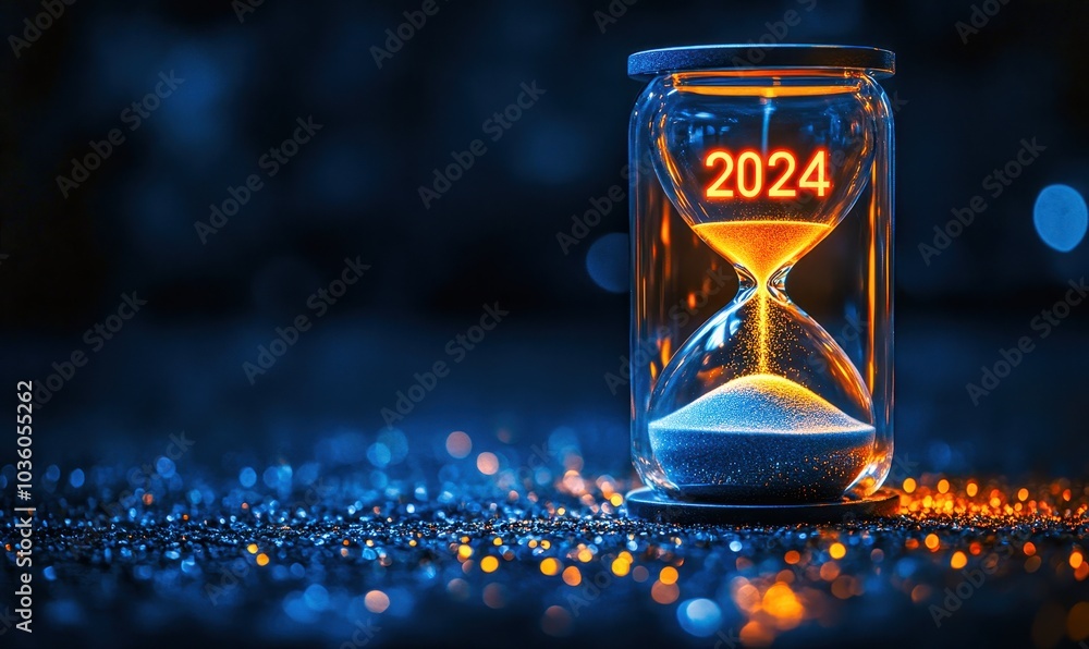 Hourglass falling sand from 2024 to 2025 sparkling background Stock ...