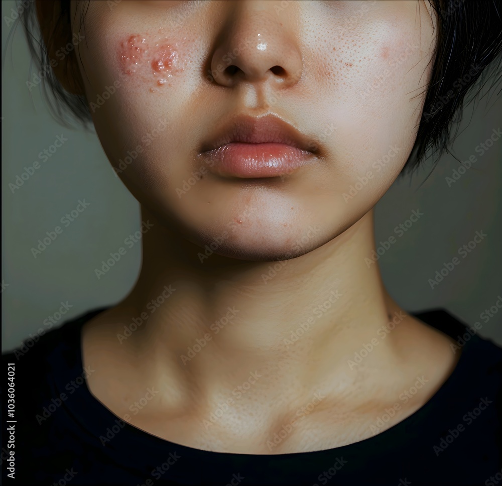 A close-up photo of the face and neck area, showing redness around all ...