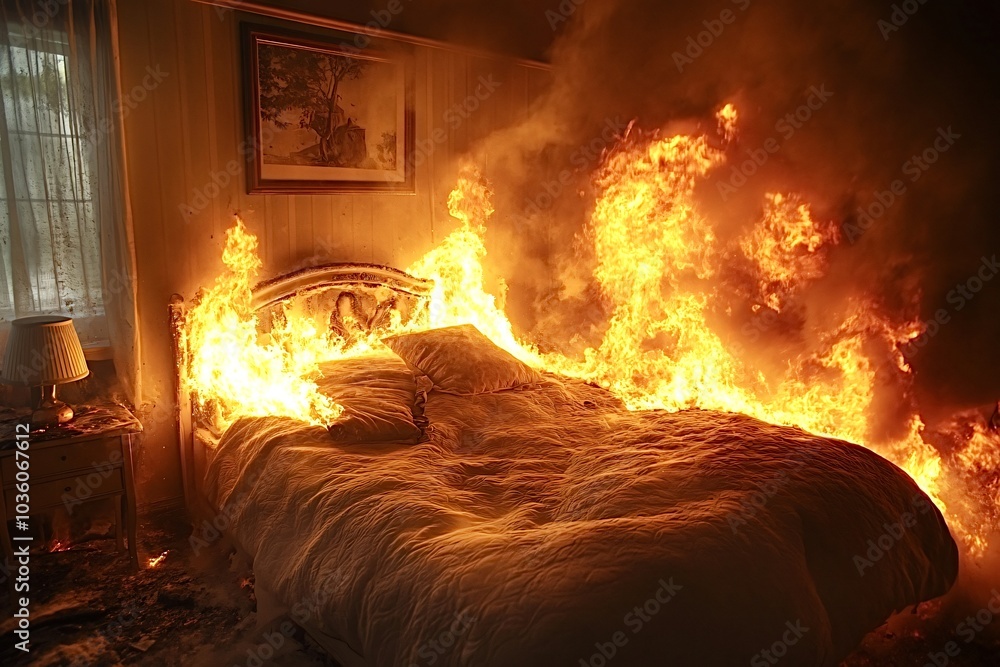 Bedroom is being consumed by a raging fire, with flames engulfing the ...