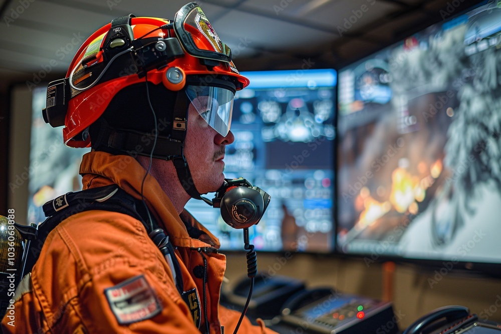 A firefighter in an orange uniform and protective gear operates ...