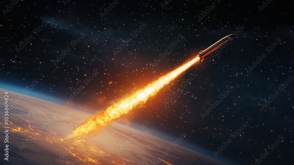 A space shuttle ascends from Earth's atmosphere into the vastness of ...