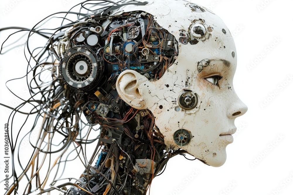 Sci-fi technology concept of a realistic exoskeleton cyborg male face ...