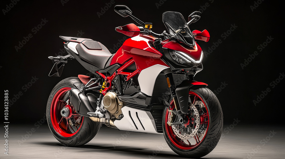 Modern red sport motorcycle showcased in a studio. A sleek, modern ...