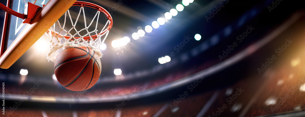 Basketball shot swishing through the hoop under bright stadium lights ...