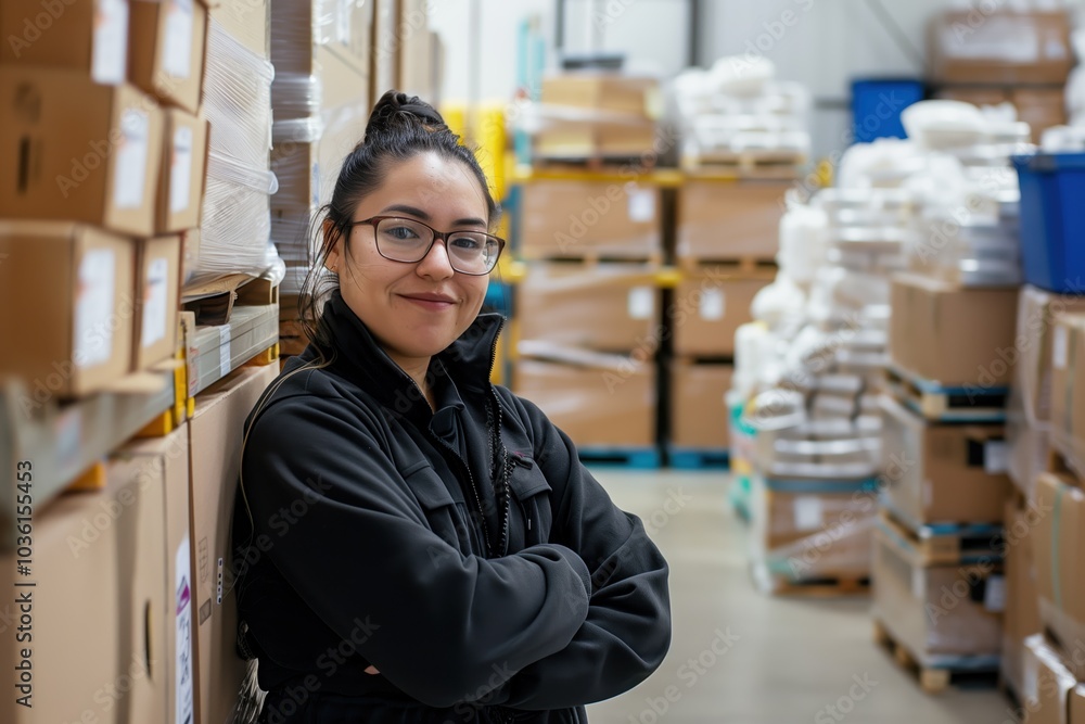 Confident female warehouse worker with glasses standing in a busy ...