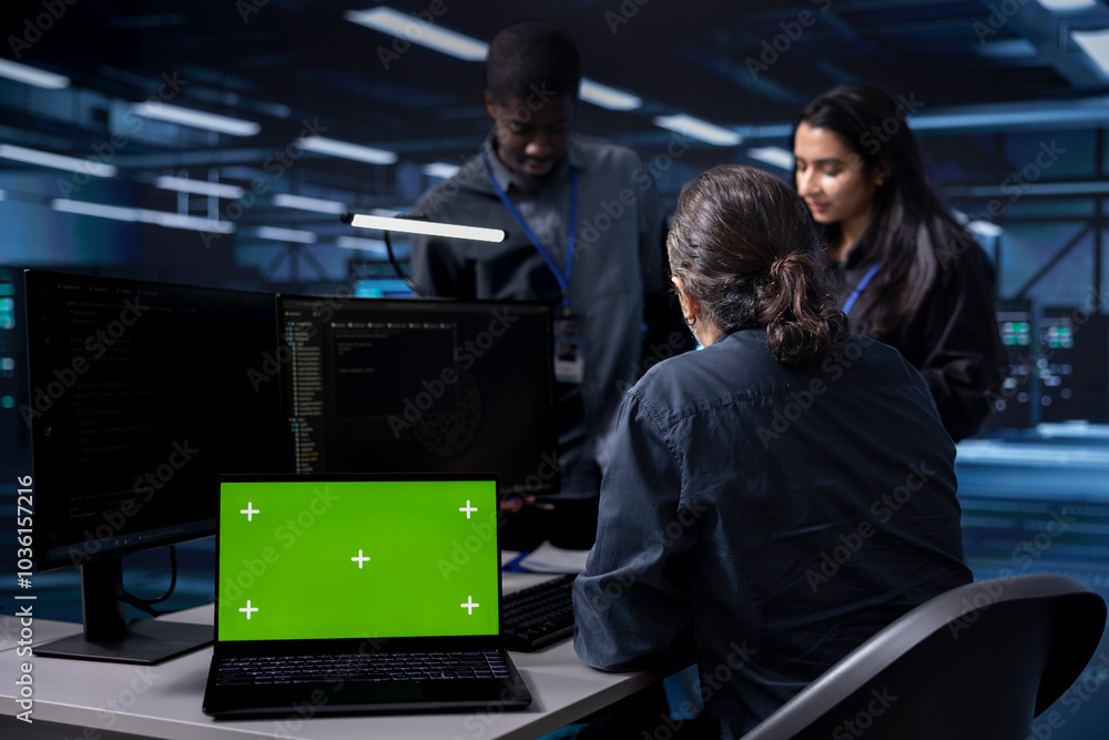 Multiethnic team using green screen screen laptop to check for signs of ...