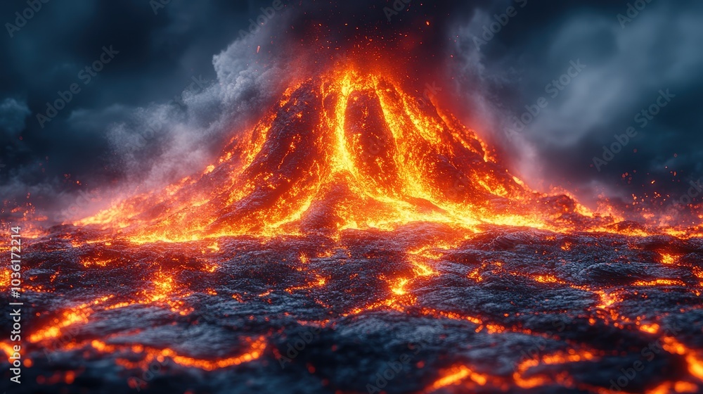 Prehistoric landscape from 10,000 BC, features active volcanoes and ...