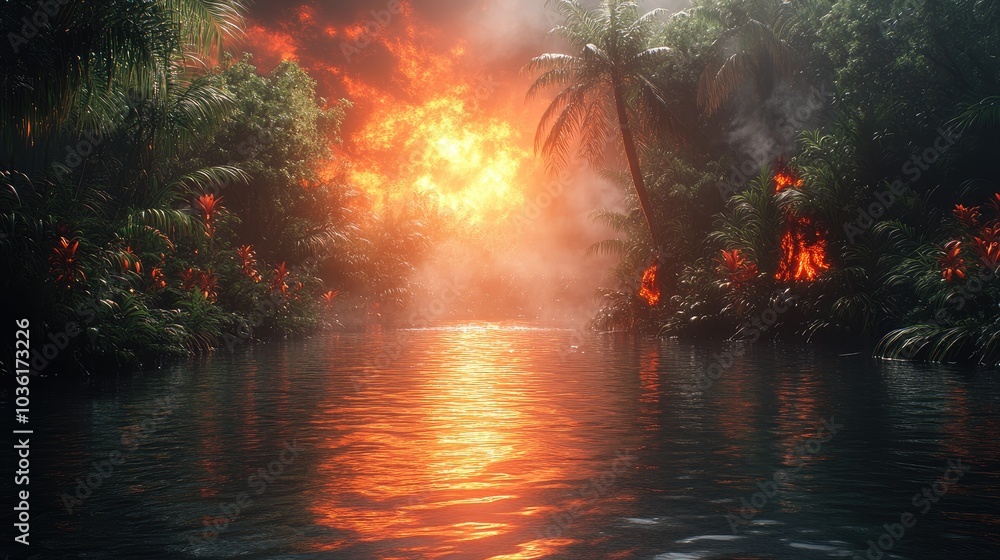 dramatic land forest with active volcanoes and lava. Game may showcase ...