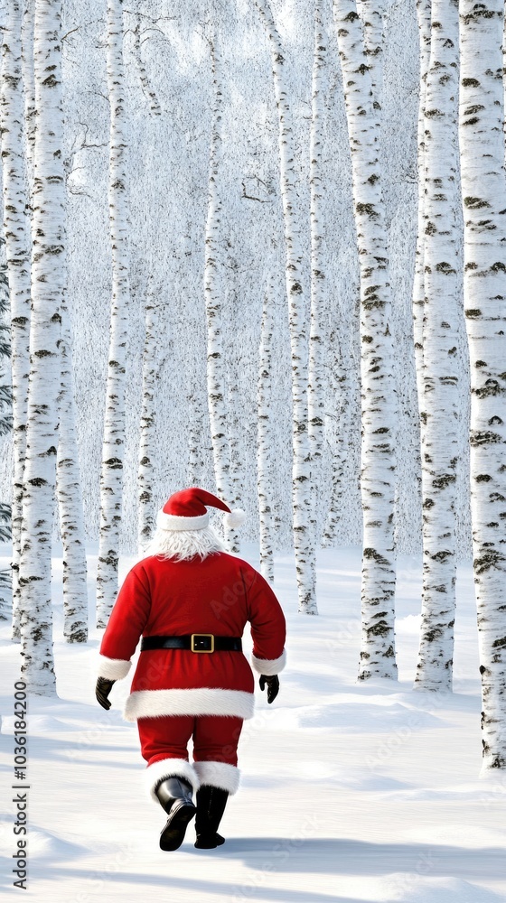 Snow falls gently as Santa Claus stands in a winter forest adorned with ...