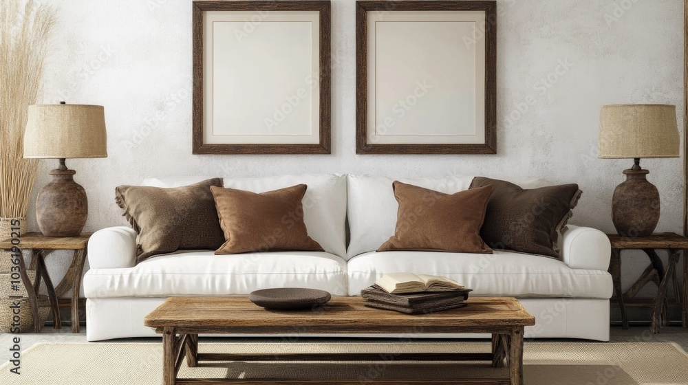 Rustic coffee table beside a white sofa adorned with brown pillows set ...