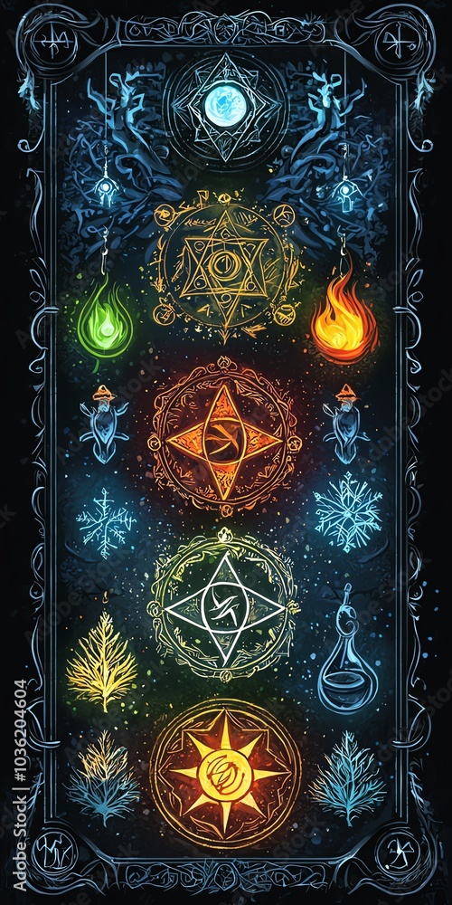 Plagát Shadowy black frame, border of glowing Christmas sigils and ...