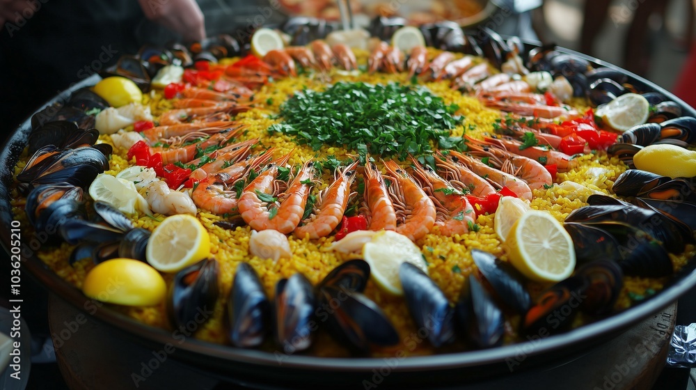A vibrant and colorful paella filled with saffron-Paella with saffron ...
