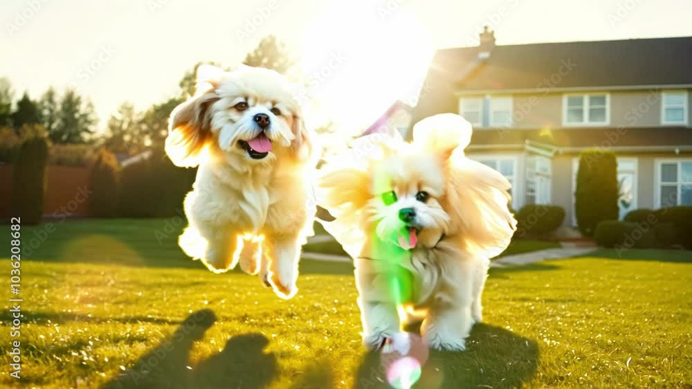 Two playful puppies joyfully running in a sunny garden. The bright ...