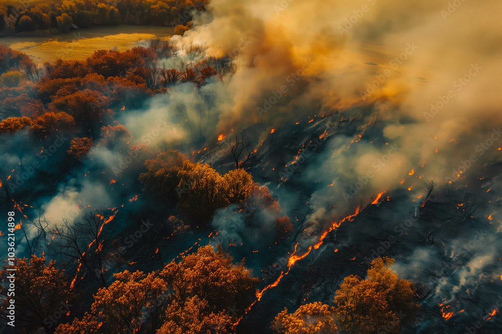 A strip of Dry Grass sets Fire to Trees in dry Forest: Forest fire ...