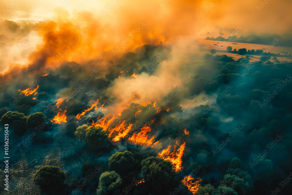 A strip of Dry Grass sets Fire to Trees in dry Forest: Forest fire ...