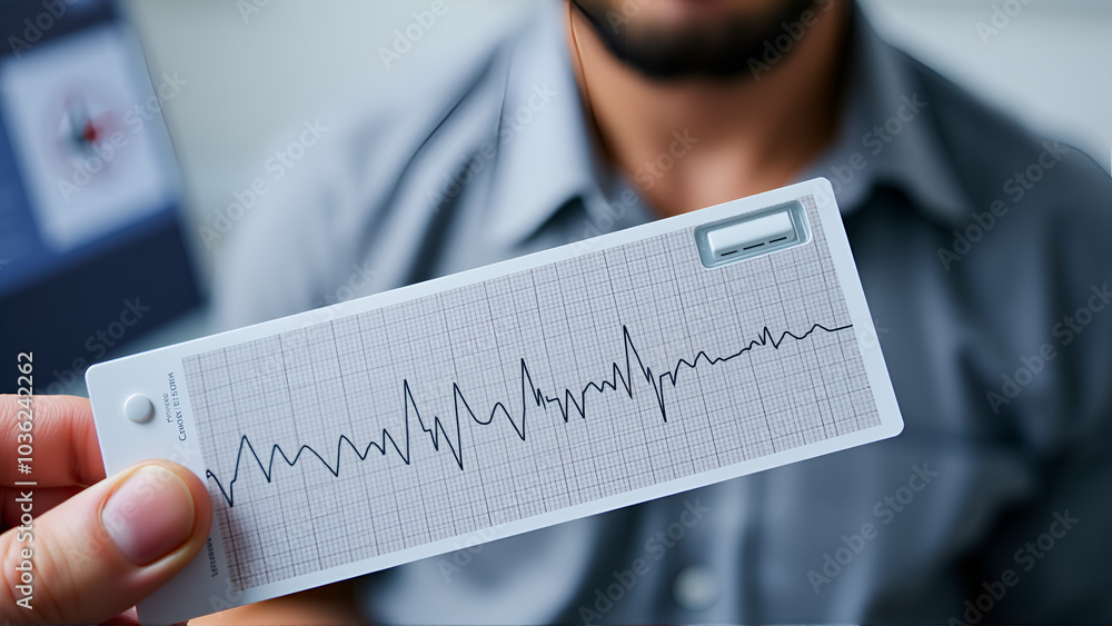 Electrocardiogram, ECG in hand. Clinic of Cardiology heart rate and ...