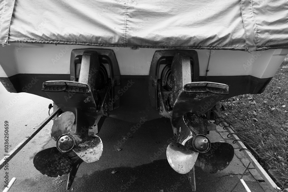 A black-and-white photo of boat propellers on a trailer, showing signs ...