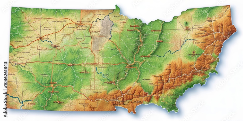 artistic map of Ohio showing topography and major cities, Ohio,map ...