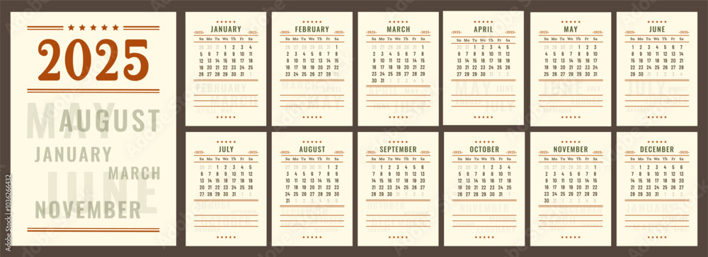 Calendar 2025. Vertical retro Calendar daily planner. Vintage layout ...