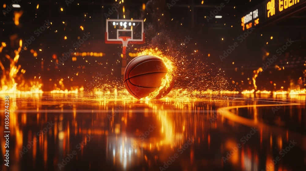 A high-intensity moment with a basketball on fire, bouncing with sparks ...